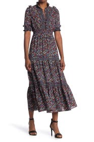 Max Studio Ruffle Collar Print Tiered Maxi Dress In Green Wispy Floral