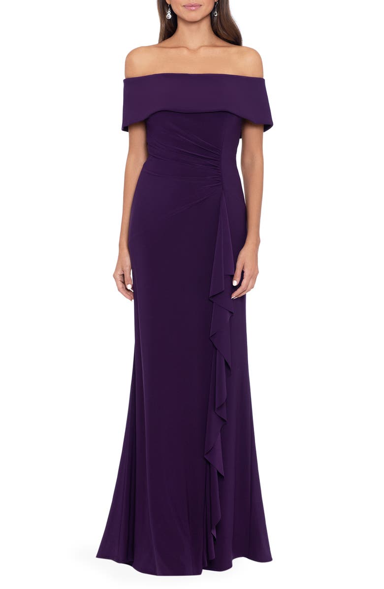 Xscape Evenings Off the Shoulder Ruffle Scuba Gown | Nordstrom