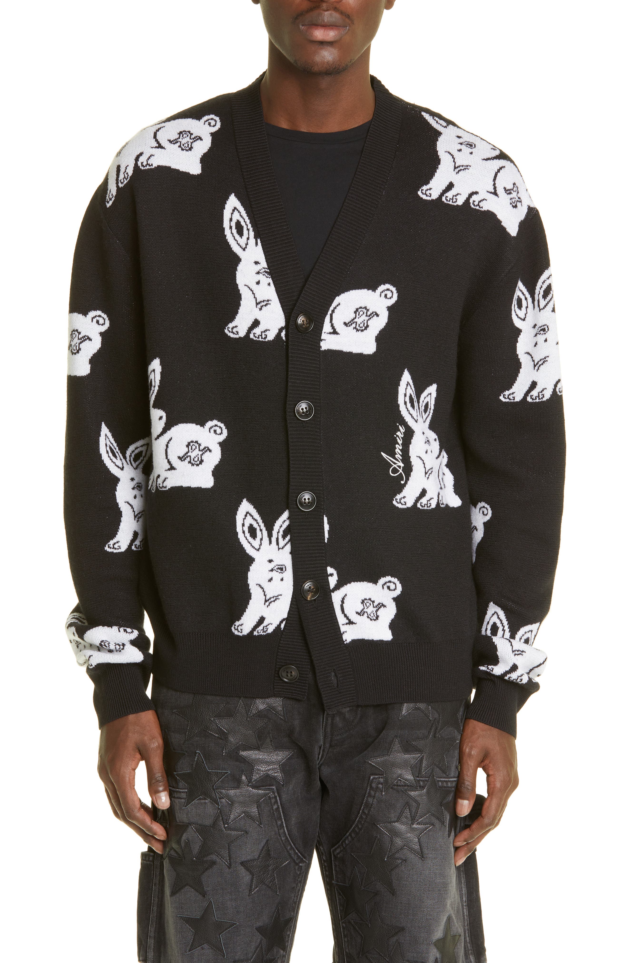 AMIRI Rabbit Repeat Jacquard Wool & Silk Cardigan | Nordstrom