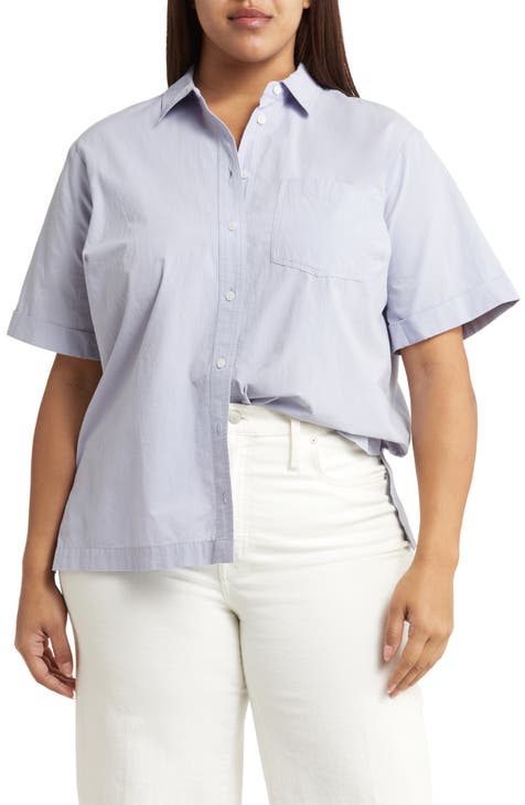Signature Oversize Short Sleeve Cotton Poplin Button Up Shirt Plus Size