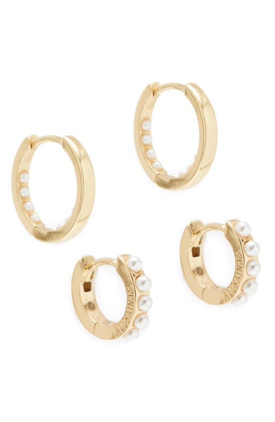 Allsaints Faux Pearl Huggie Earring Set In Gold/white | ModeSens