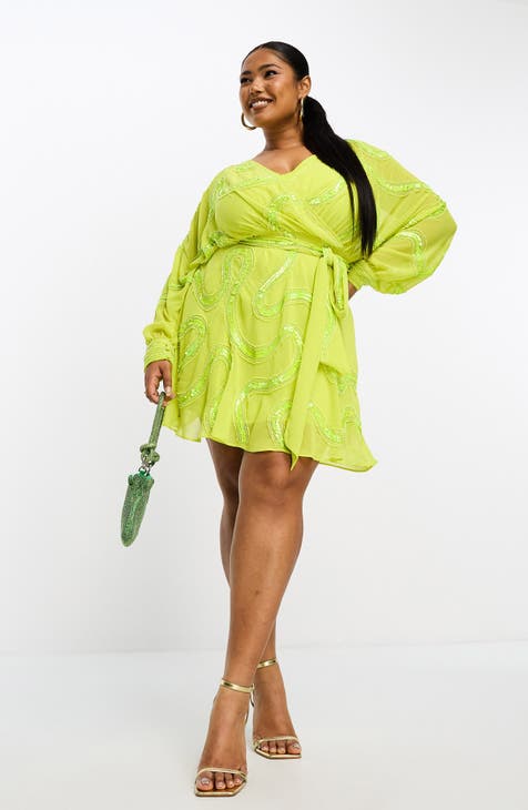 Curve Loop Long Sleeve Tie Waist Wrap Dress (Plus Size)