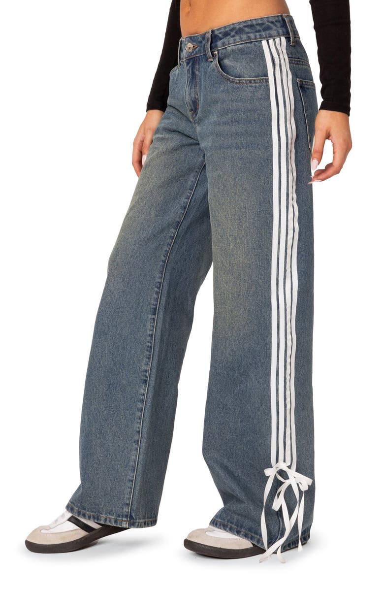 EDIKTED Mattie Side Stripe Bow Low Rise Wide Leg Jeans | Nordstrom
