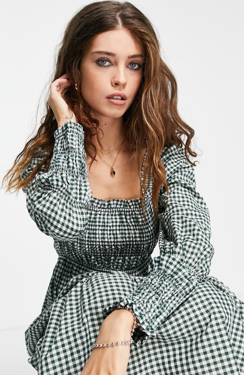 Topshop Shirred Long Sleeve Gingham Midi Dress | Nordstrom