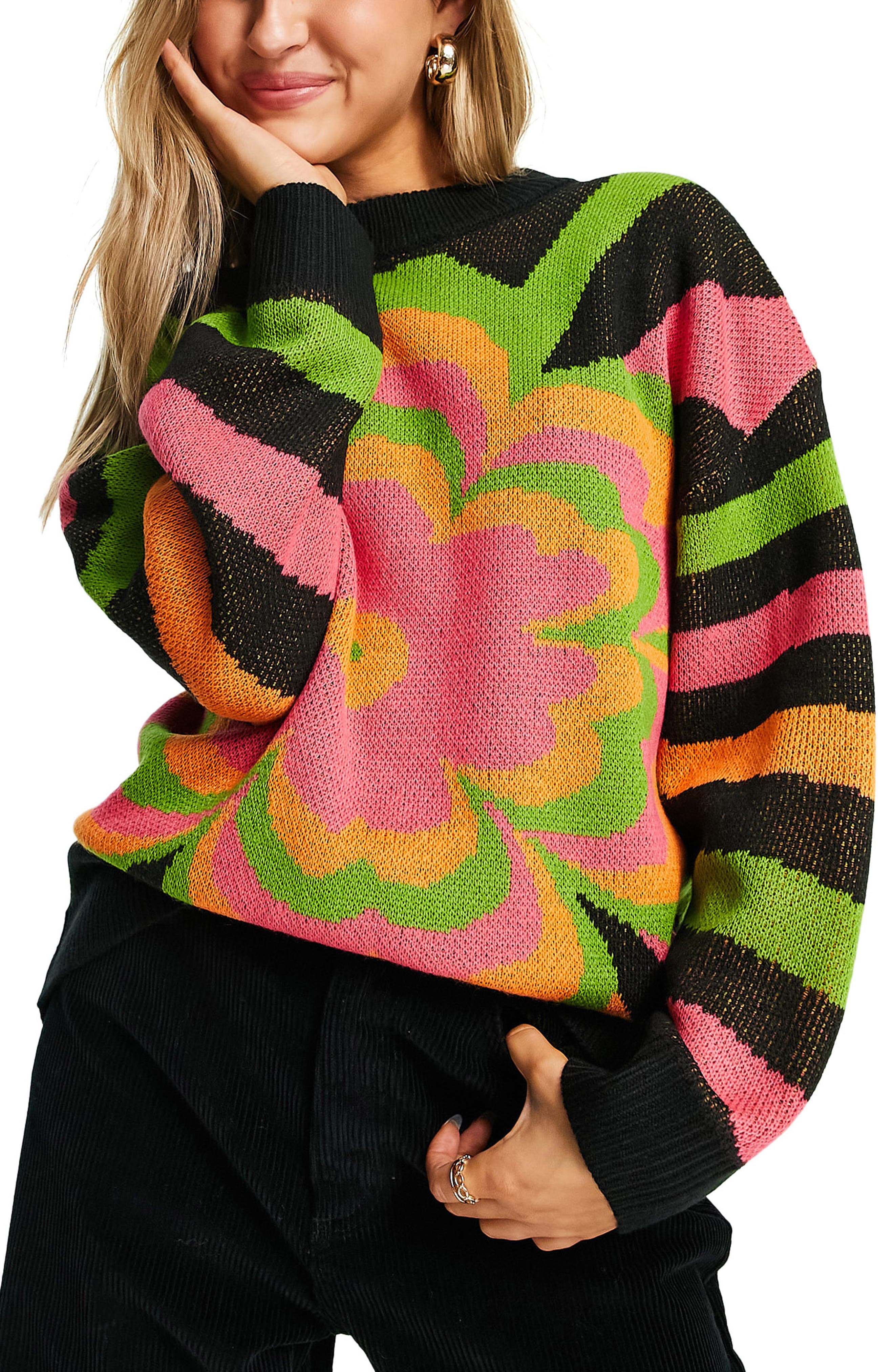 ASOS DESIGN Flower Oversize Sweater in Black Multi at Nordstrom, Size