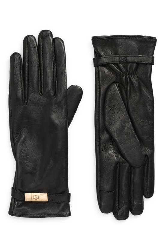 Allsaints Turnlock Leather Gloves In Black / Warm Brass | ModeSens
