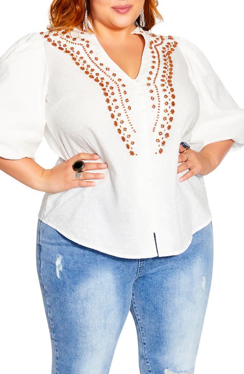 Vacation Beaded Cotton Blouse Plus Size