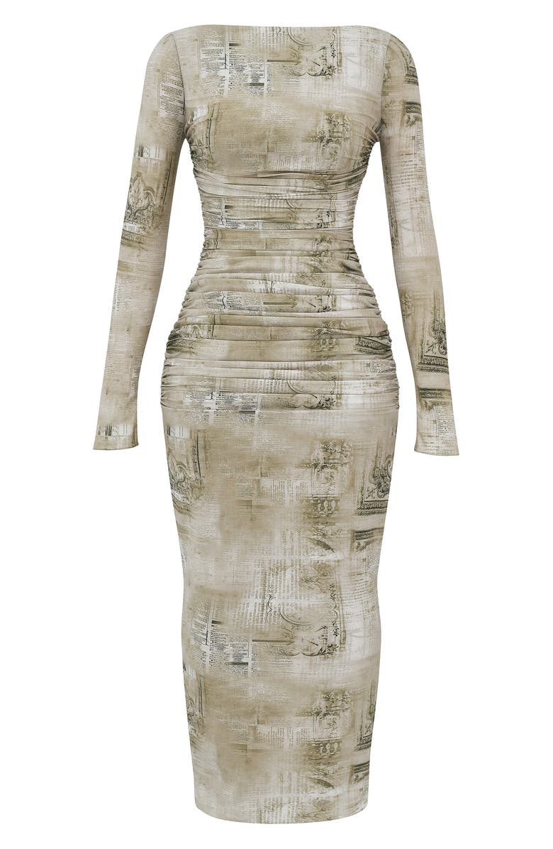 HOUSE OF CB Lanetta Ruched Bateau Neck Long Sleeve Georgette Dress ...