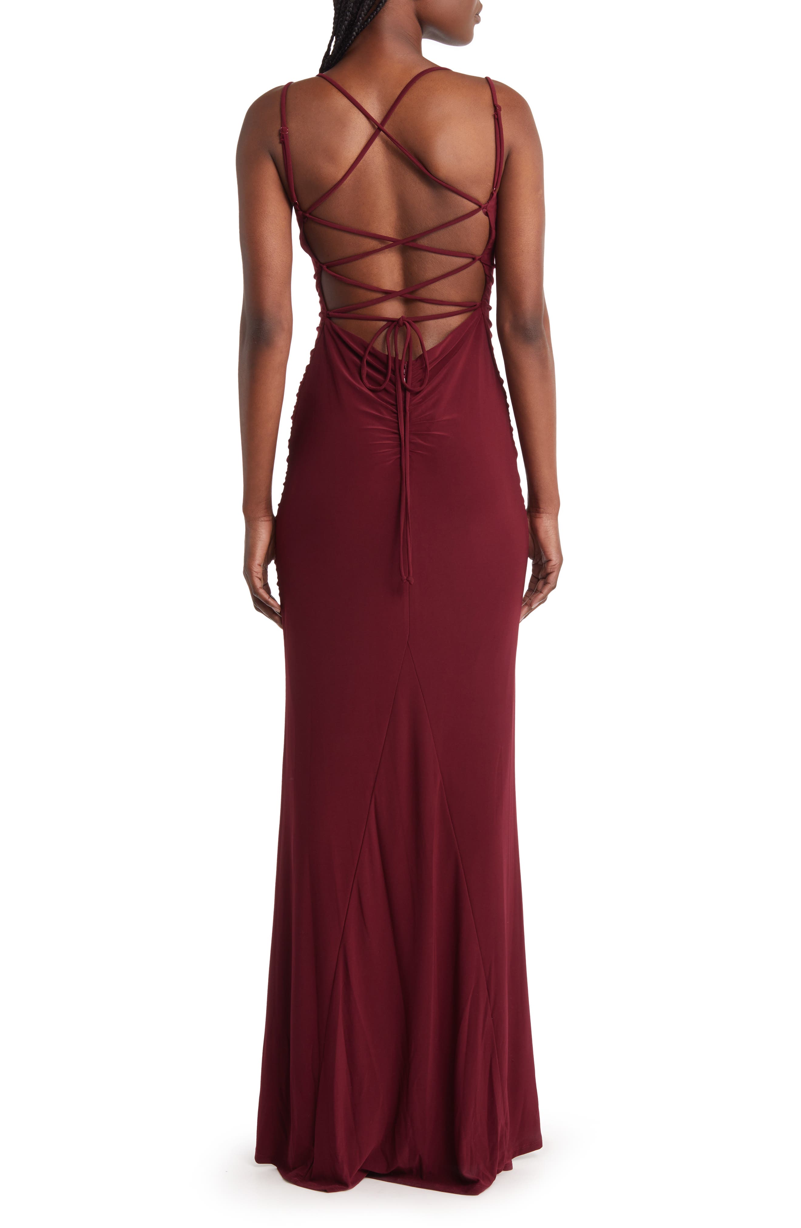 Jump Apparel Ruched Lace-Up Jersey Column Gown | Nordstromrack