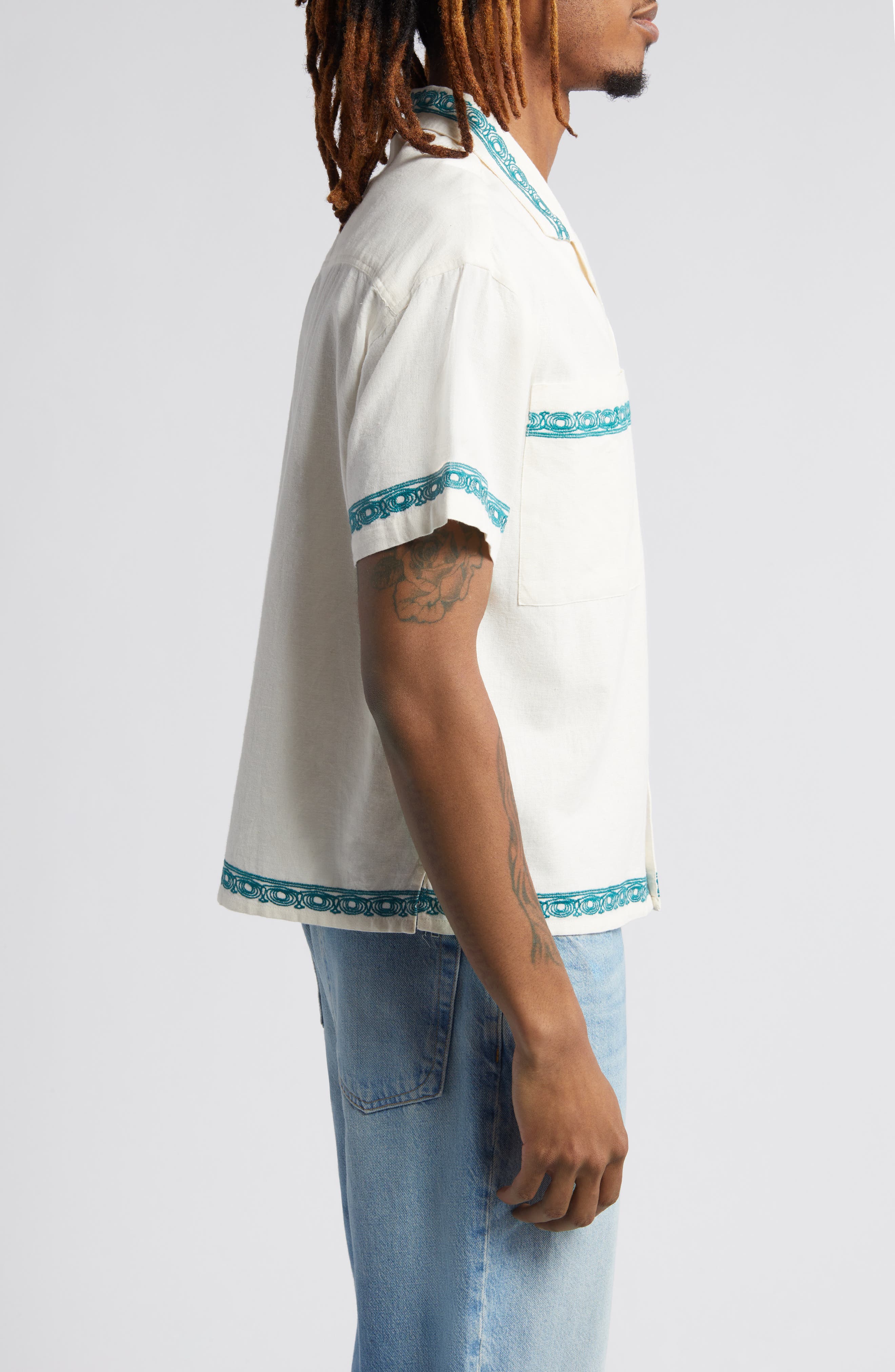Native Youth Embroidered Short Sleeve Cotton & Linen Button-Up Shirt ...