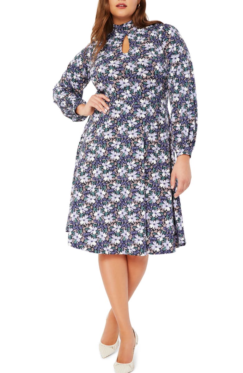 Eloquii Floral Keyhole Detail Long Sleeve Fit And Flare Dress Plus Size
