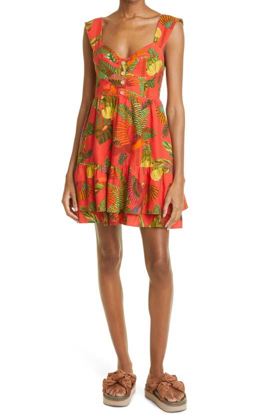 Farm Rio Forest Birds Tiered Linen Blend Dress In Red | ModeSens
