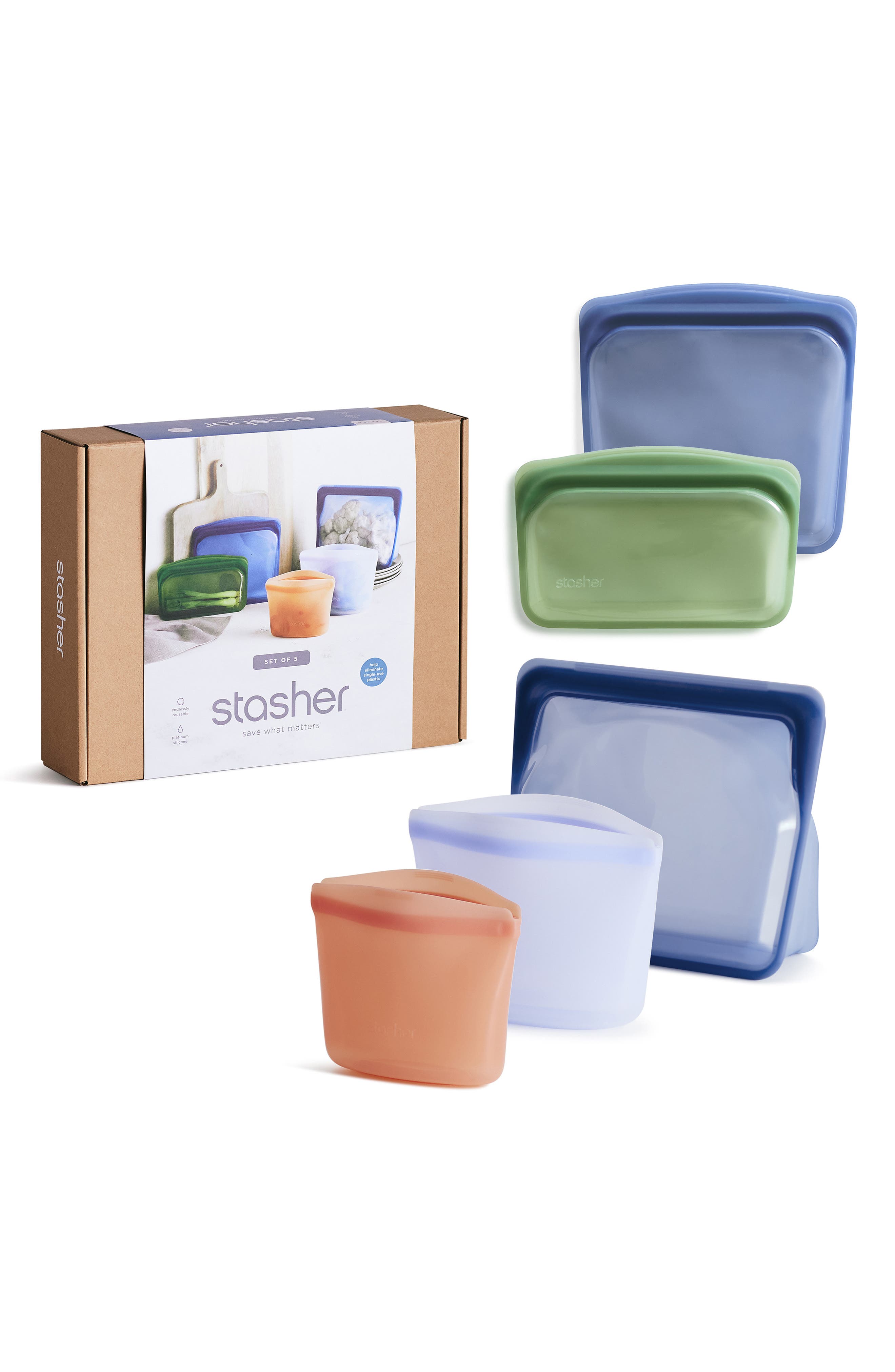 Stasher Assorted 5-Pack Reusable Silicone Storage Containers Gift Box ...