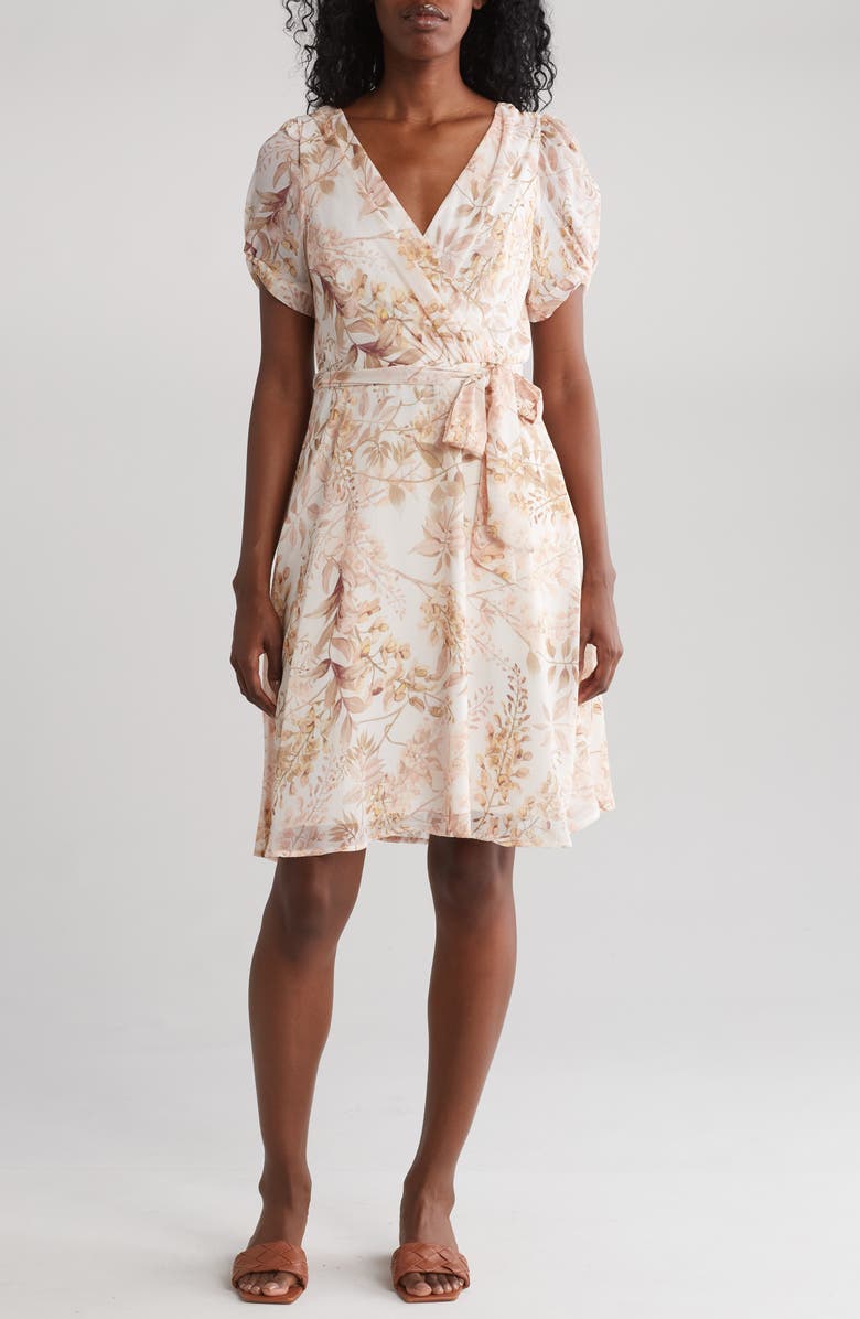 Connected Apparel Floral Tie Waist Chiffon Dress | Nordstromrack