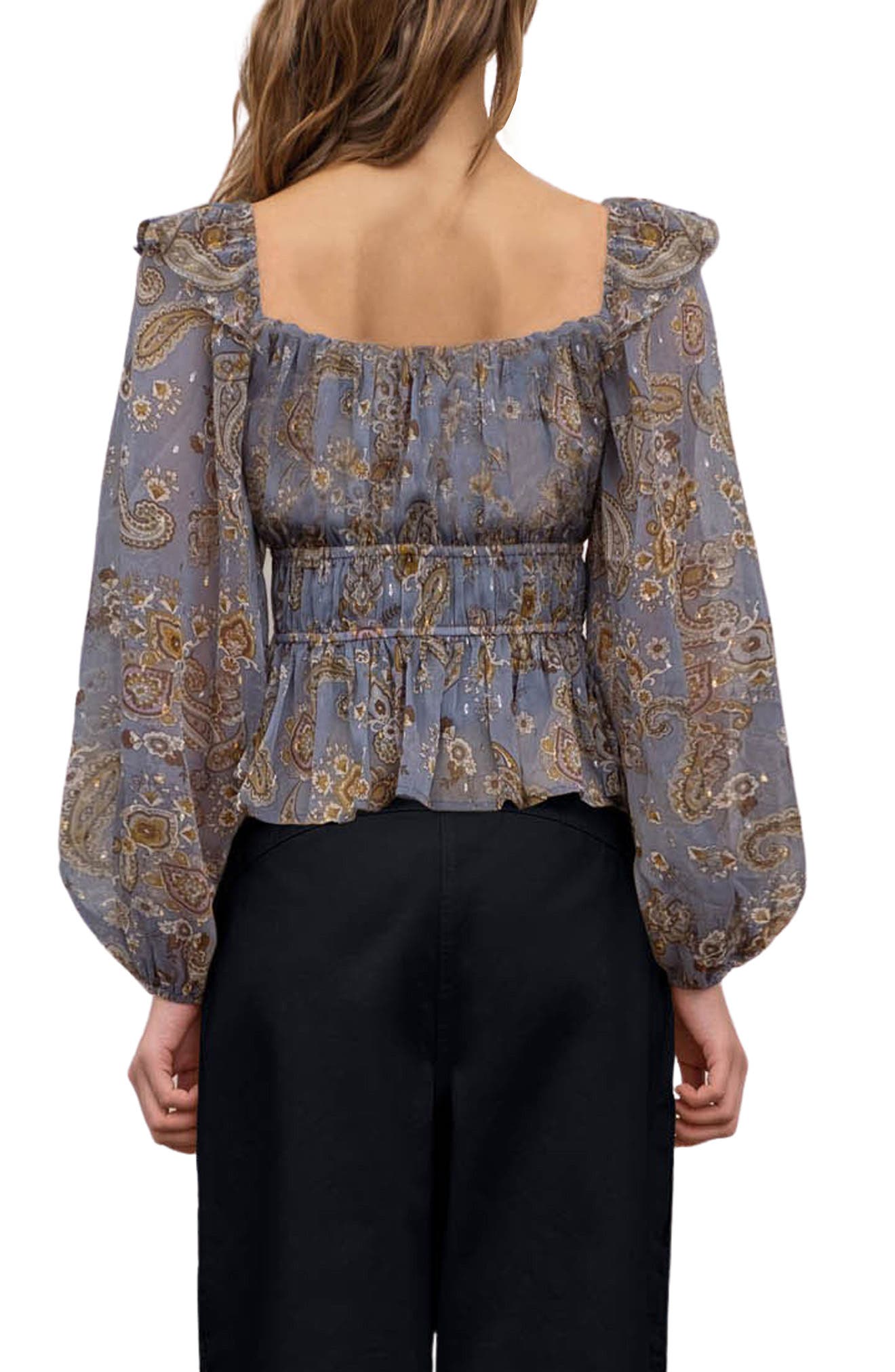 MOON RIVER Square Neck Paisley Shirred Ruffle Top | Nordstromrack
