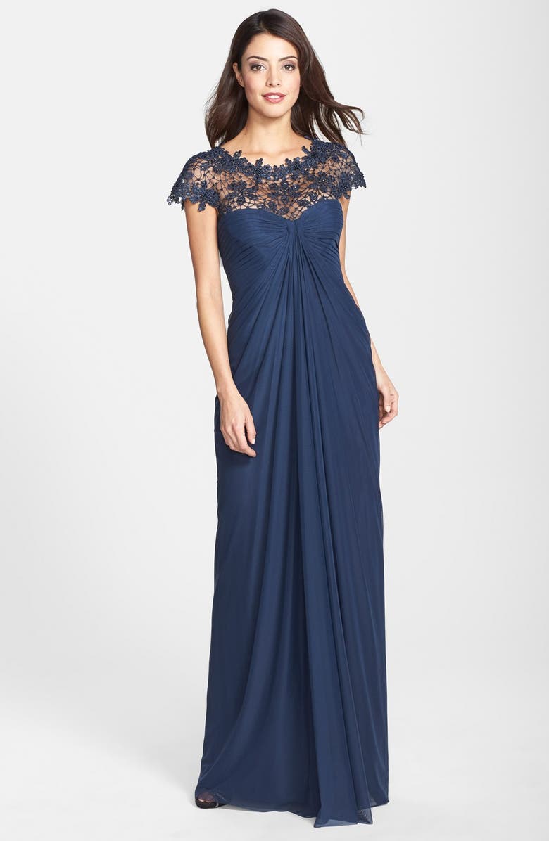 Tadashi Shoji Beaded Lace Yoke Gathered Mesh Gown Nordstrom