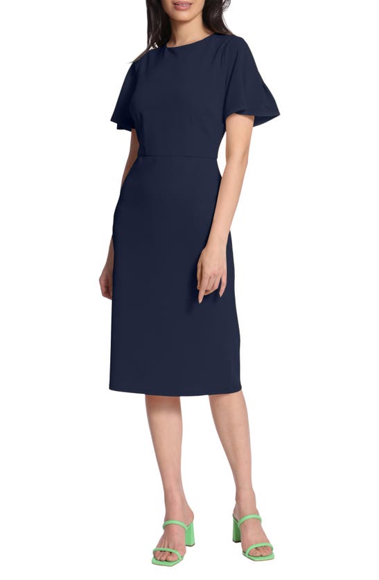 Maggy London Flutter Sleeve Midi Sheath Dress In Twilight Navy Modesens