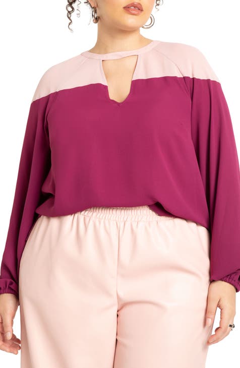 Colorblock Cutout Long Sleeve Blouse (Plus Size)