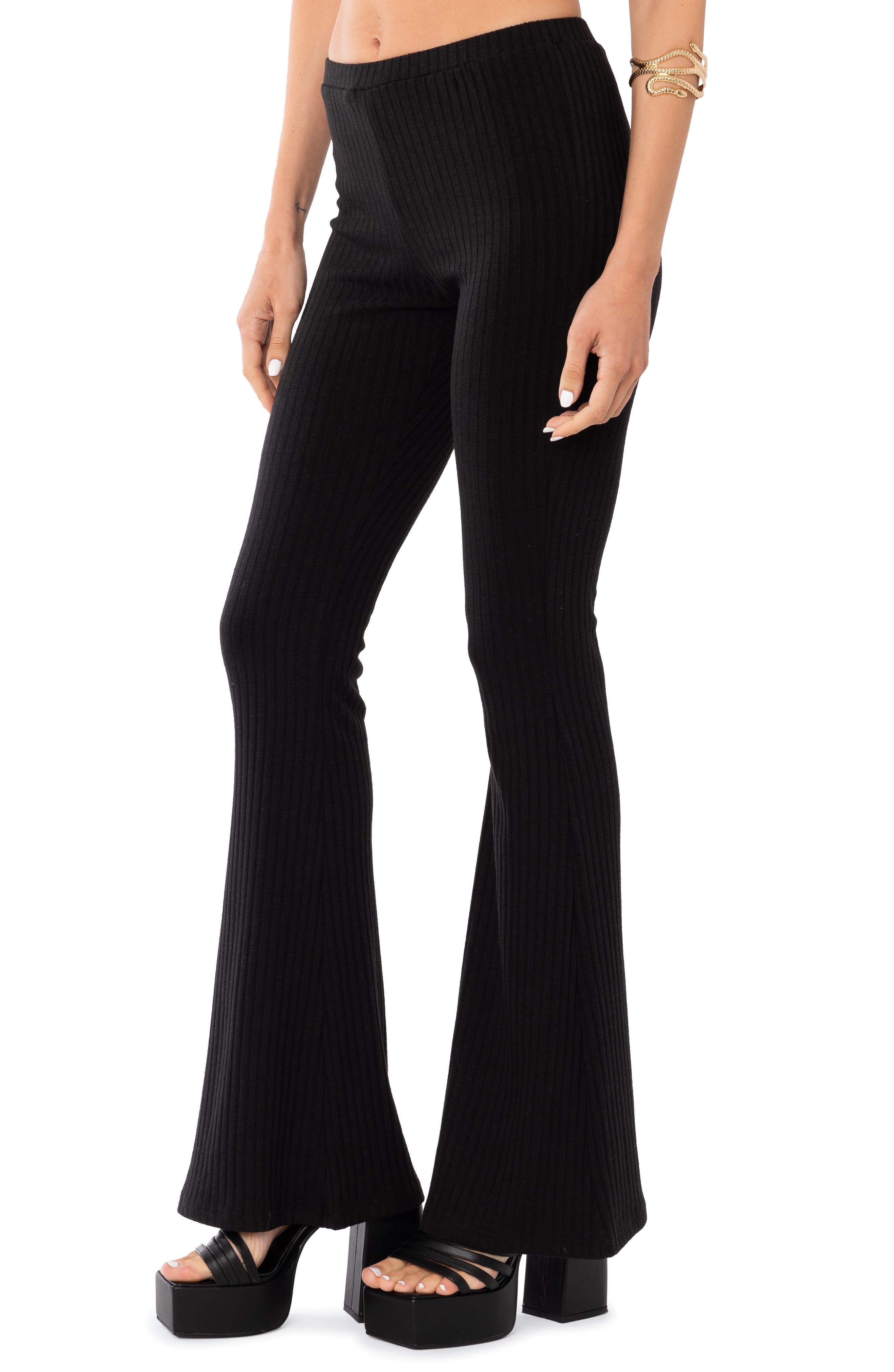 EDIKTED Dekota Ribbed Flare Pants in Black | Smart Closet