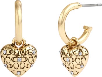 COACH Quilted C Crystal Heart Charm Huggie Earrings | Nordstrom