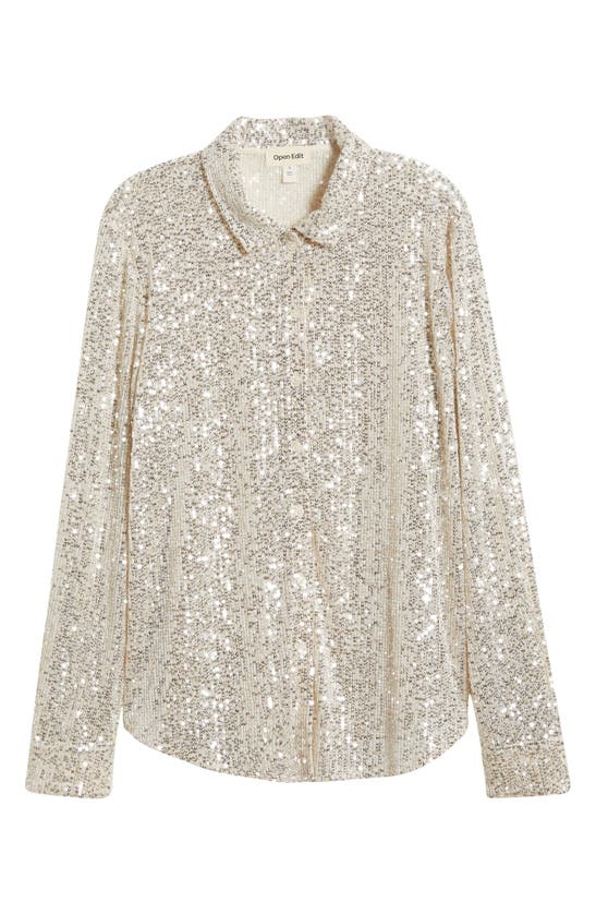Open Edit Sequin Button-up Shirt In Silver | ModeSens
