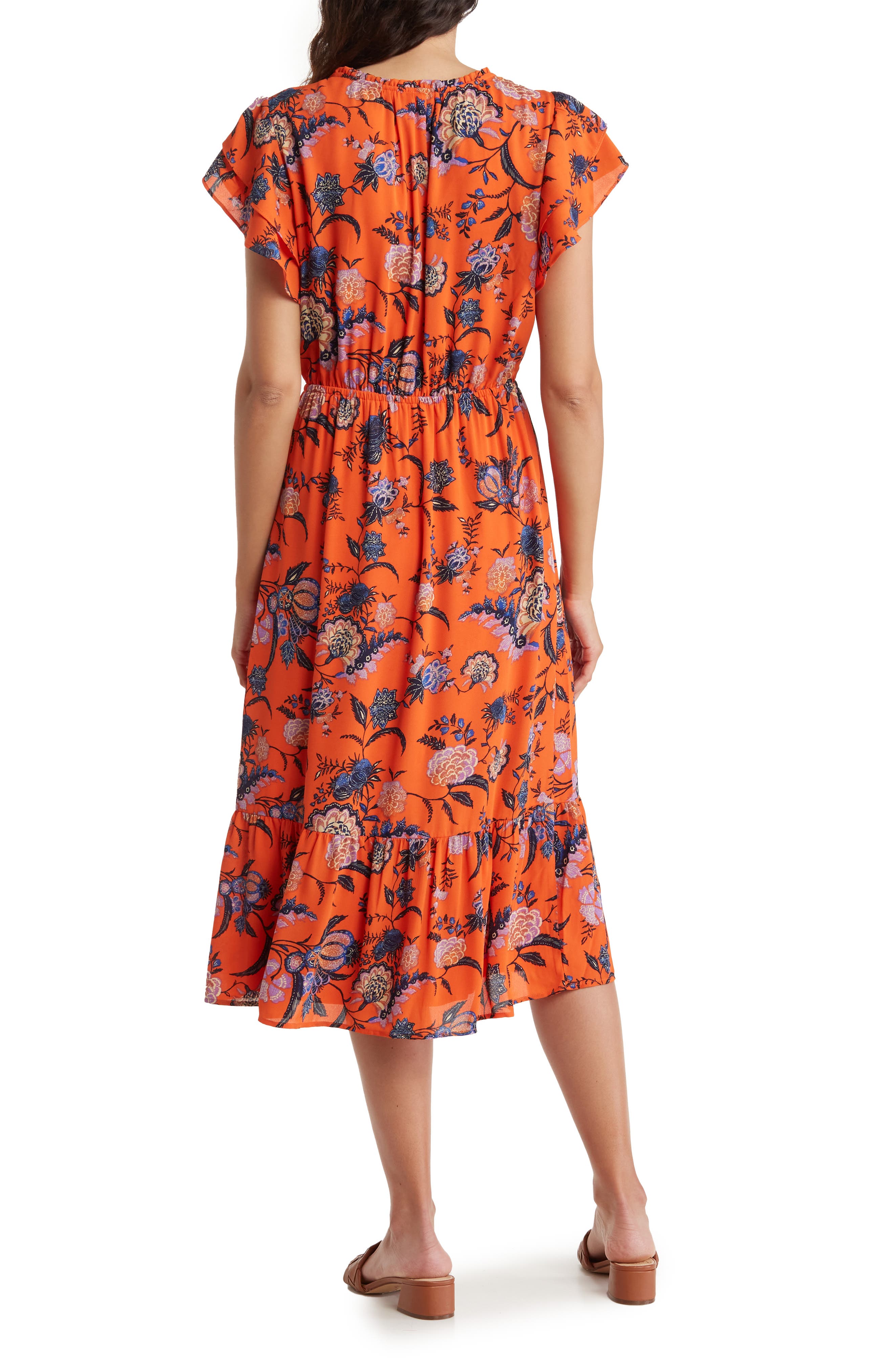 DR2 by Daniel Rainn Flutter Sleeve Front Tie Floral Print Midi Dress ...