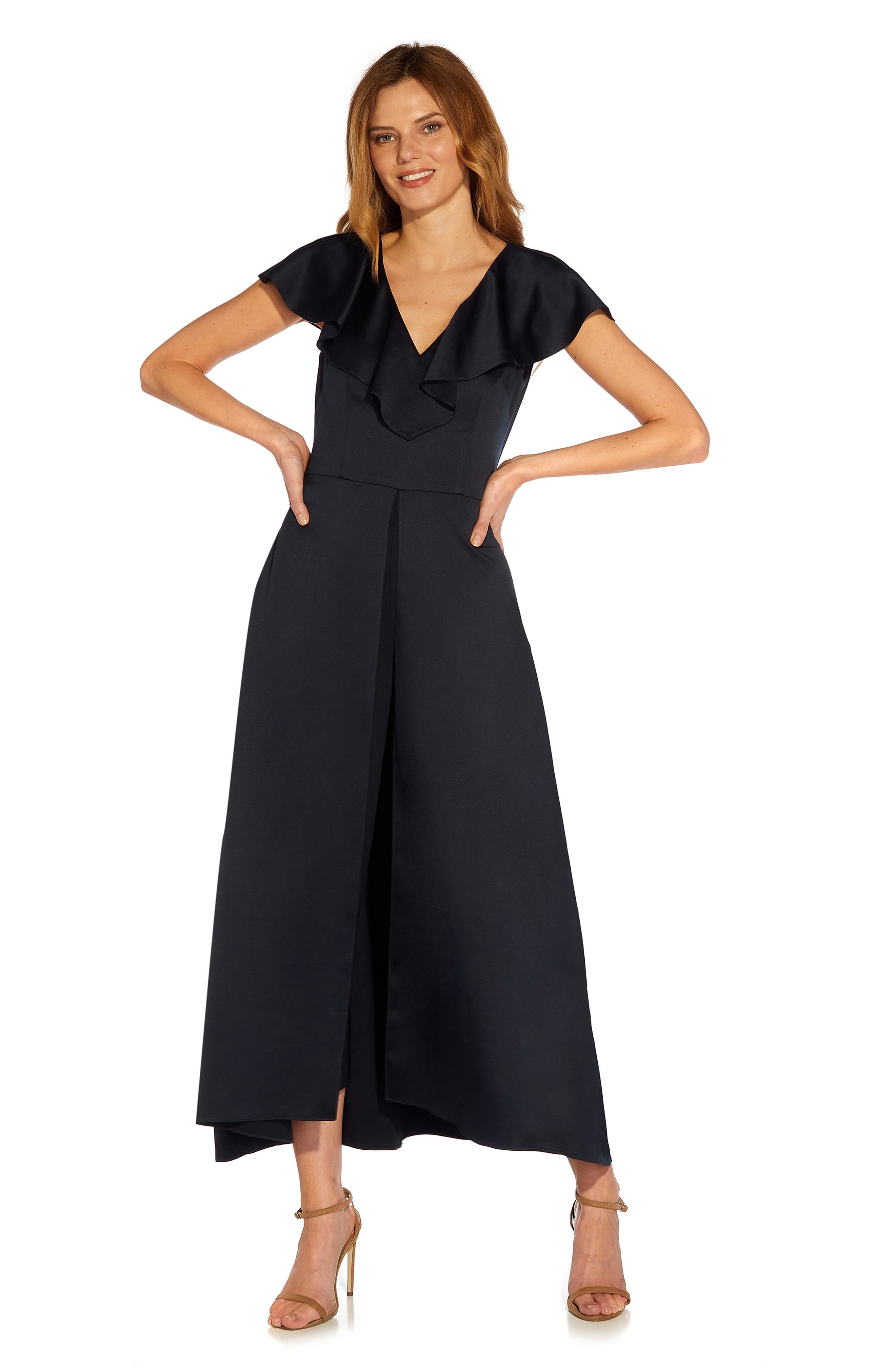 Adrianna Papell Ruffle Satin Crepe Wide Leg Maxi Romper | Nordstrom