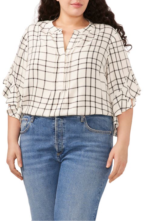 Plaid Ruffle Sleeve Top (Plus Size)