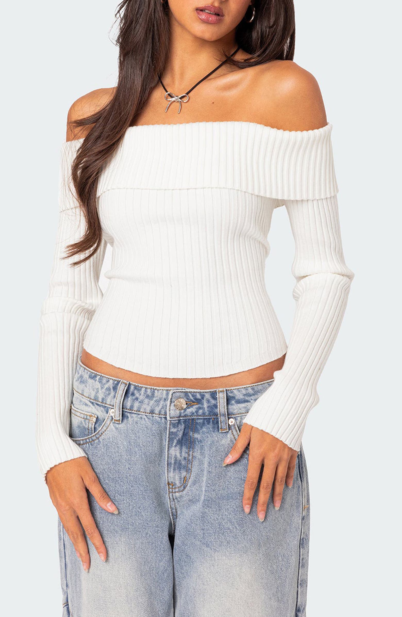 Edikted Lauren Foldover Off The Shoulder Rib Sweater Nordstrom