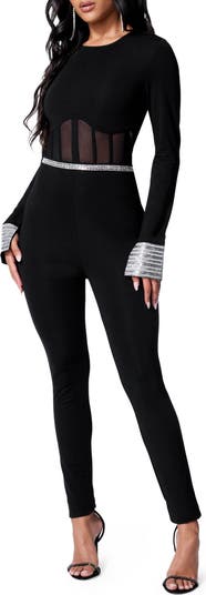 bebe Rhinestone Mesh Jumpsuit | Nordstrom