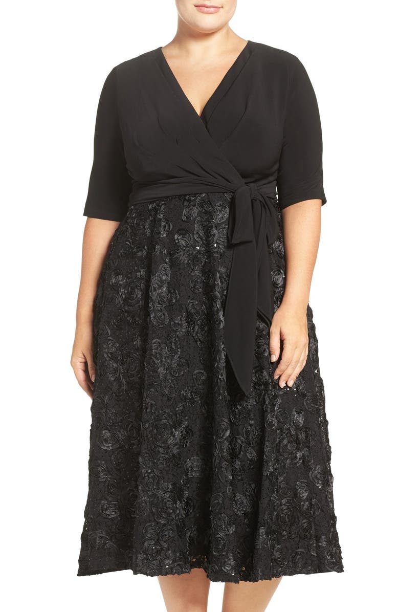 Alex Evenings Tea Length Jersey And Rosette Lace Dress Plus Size