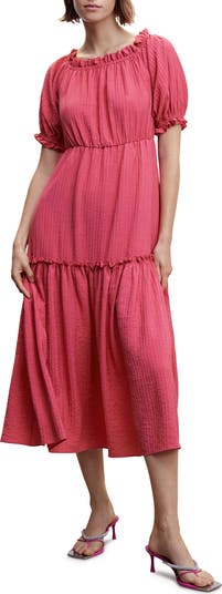 MANGO Puff Sleeve Tiered Midi Dress | Nordstrom