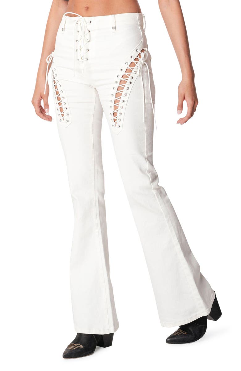 EDIKTED Engine White Lace-Up High Waist Flare Jeans | Nordstrom