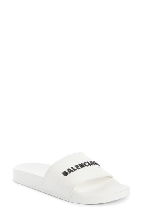 Balenciaga Logo Pool Slide Sandal in White/Black | Smart Closet