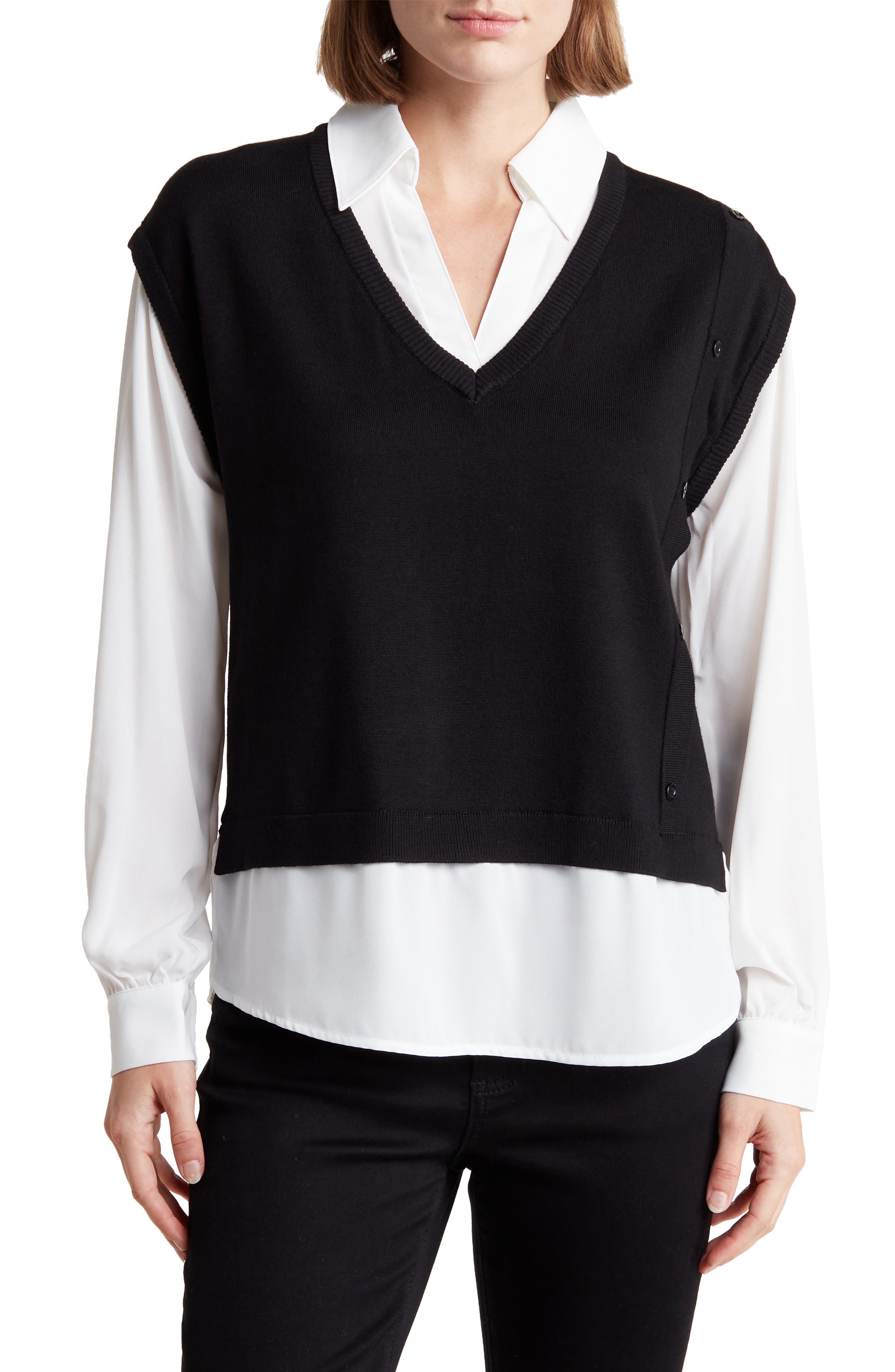 Adrianna Papell Twofer Sweater Vest Long Sleeve Shirt | Nordstromrack