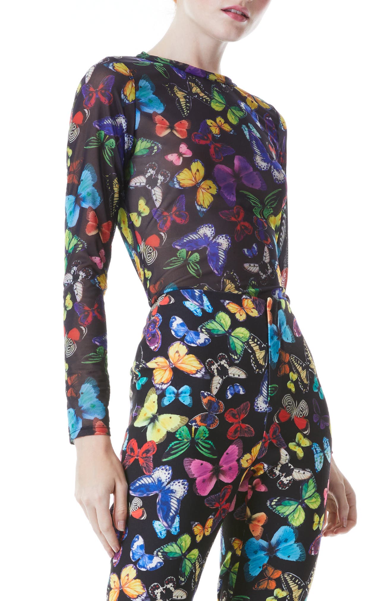 Alice + Olivia Delaina Butterfly Long Sleeve Mesh Crop Top | Nordstrom