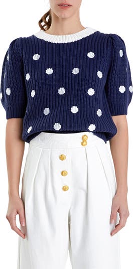 English Factory Shell Embroidered Puff Sleeve Sweater | Nordstrom