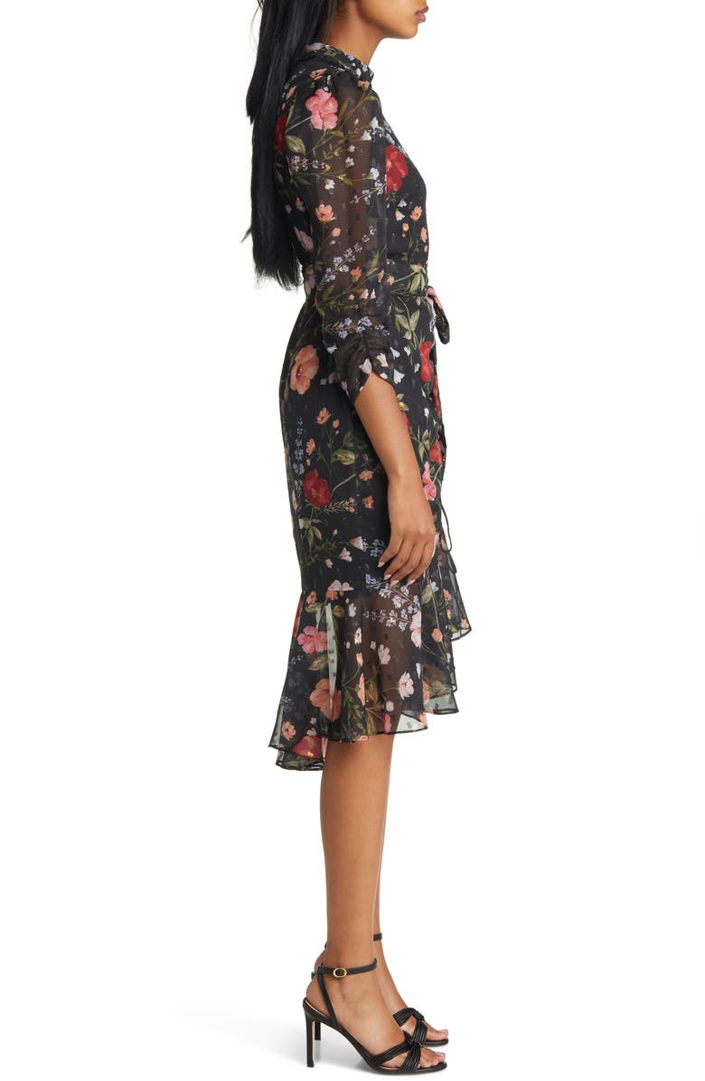 Eliza J Floral Metallic Detail Long Sleeve Body Con Chiffon Dress