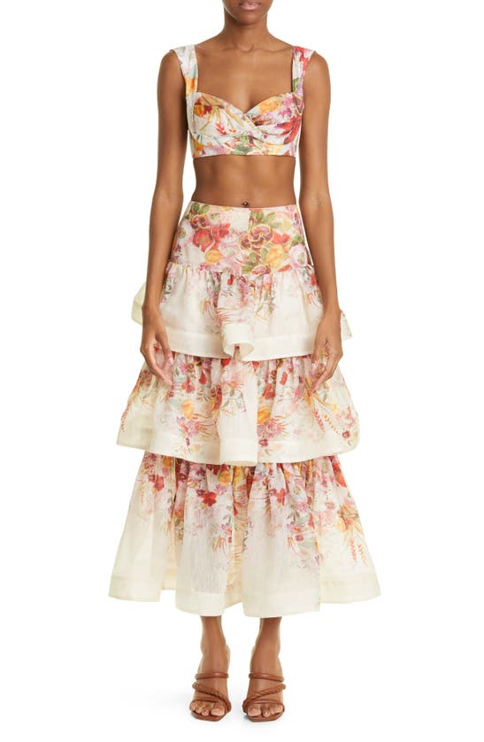 Zimmermann Wonderland Tiered Floral Print Linen And Silk Blend Midi