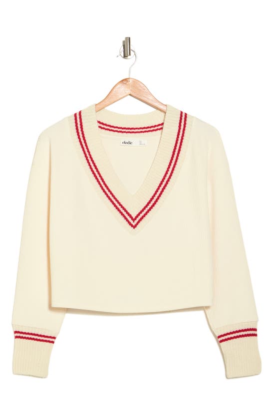 Elodie Varsity Trim V-neck Sweater In Ecru | ModeSens