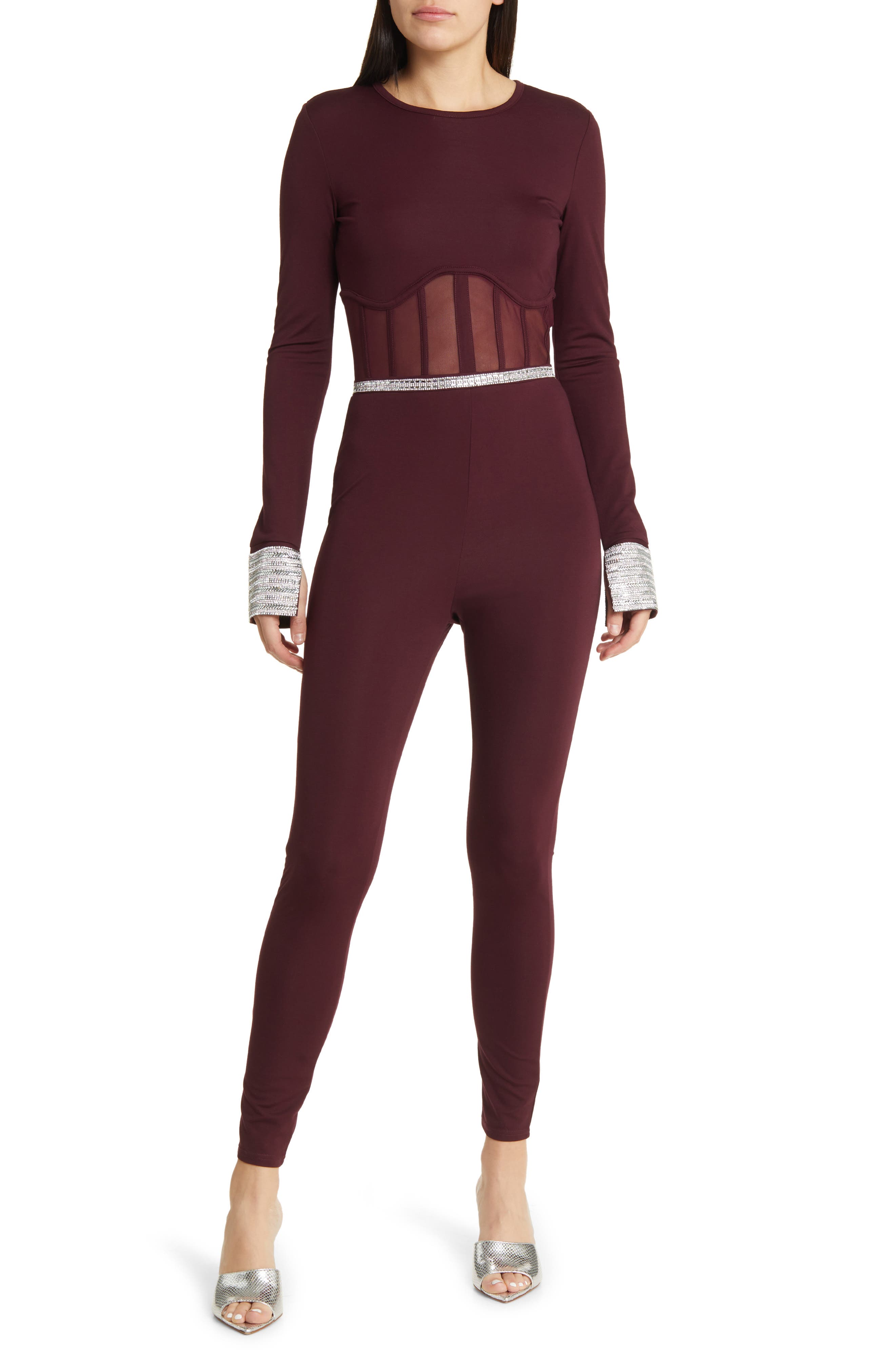 bebe Rhinestone Mesh Jumpsuit | Nordstrom