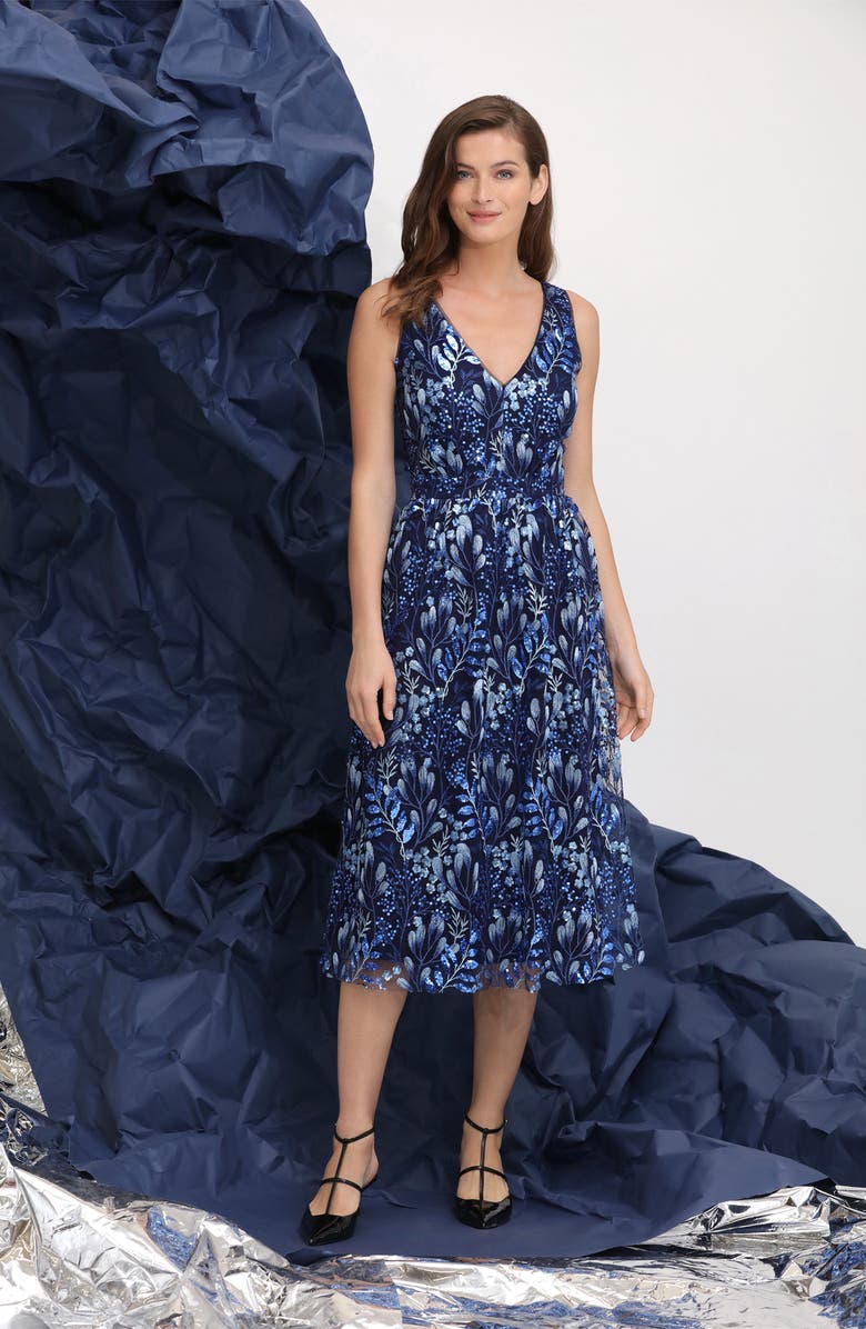 Maggy London Woodland Sequin Embroidered Sleeveless Midi Dress | Nordstrom