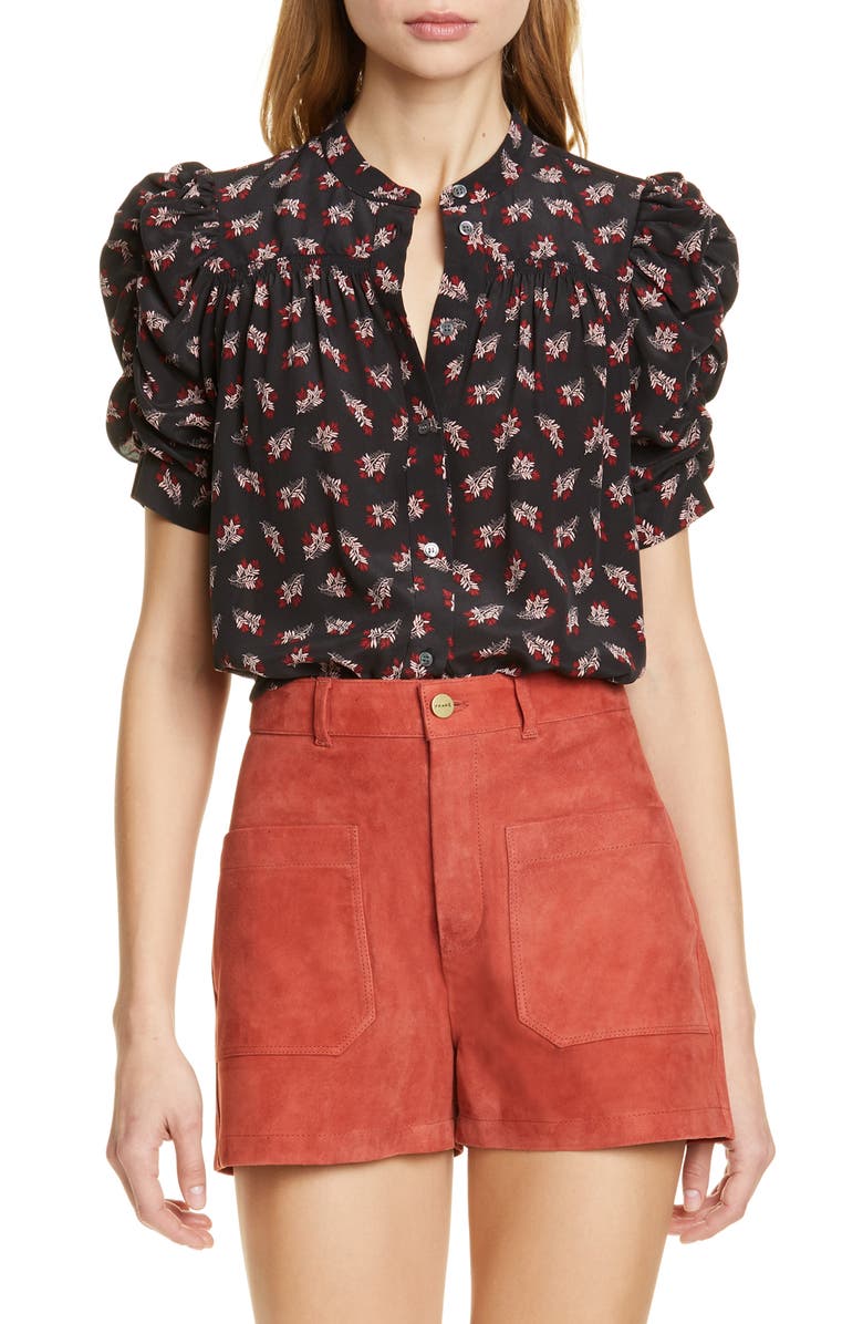 Frame Floral Ruched Sleeve Silk Blouse Nordstrom