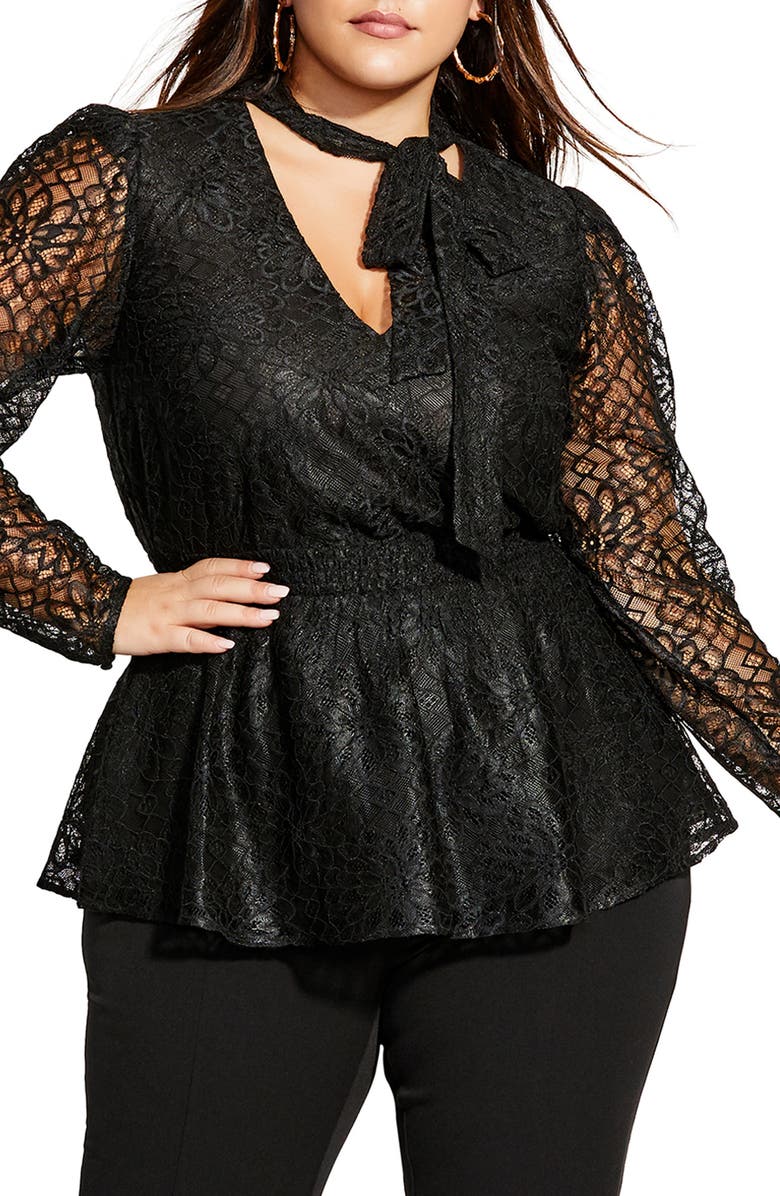 City Chic Tie Neck Lace Peplum Blouse Plus Size Nordstrom