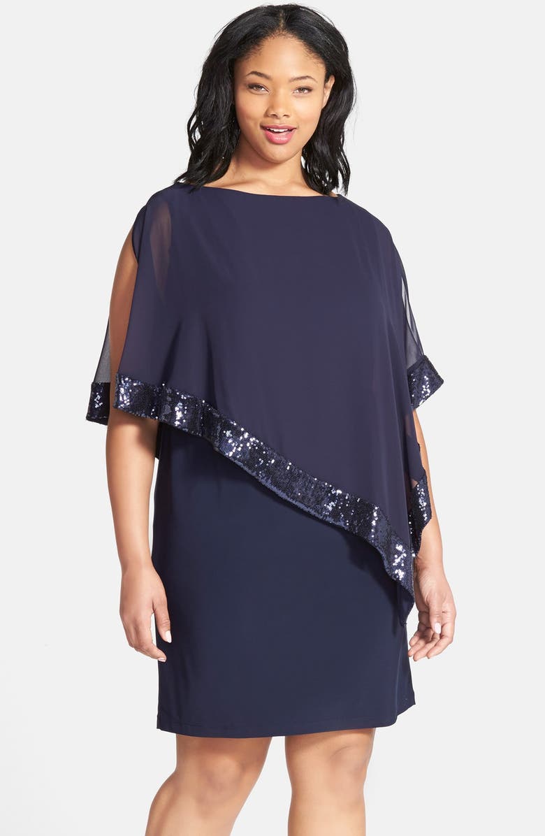 Xscape Sequin Trim Chiffon Overlay Jersey Sheath Dress Plus Size