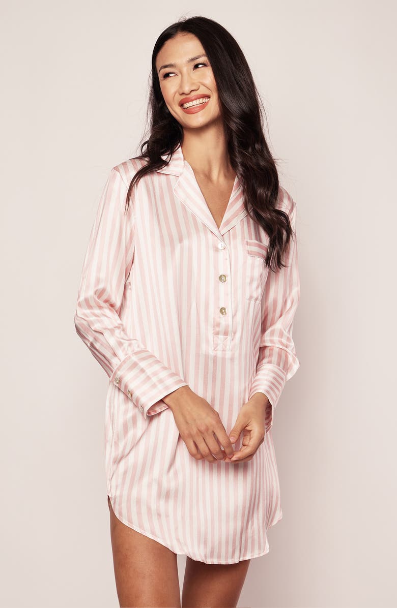 Petite Plume Stripe Long Sleeve Mulberry Silk Nightshirt | Nordstrom
