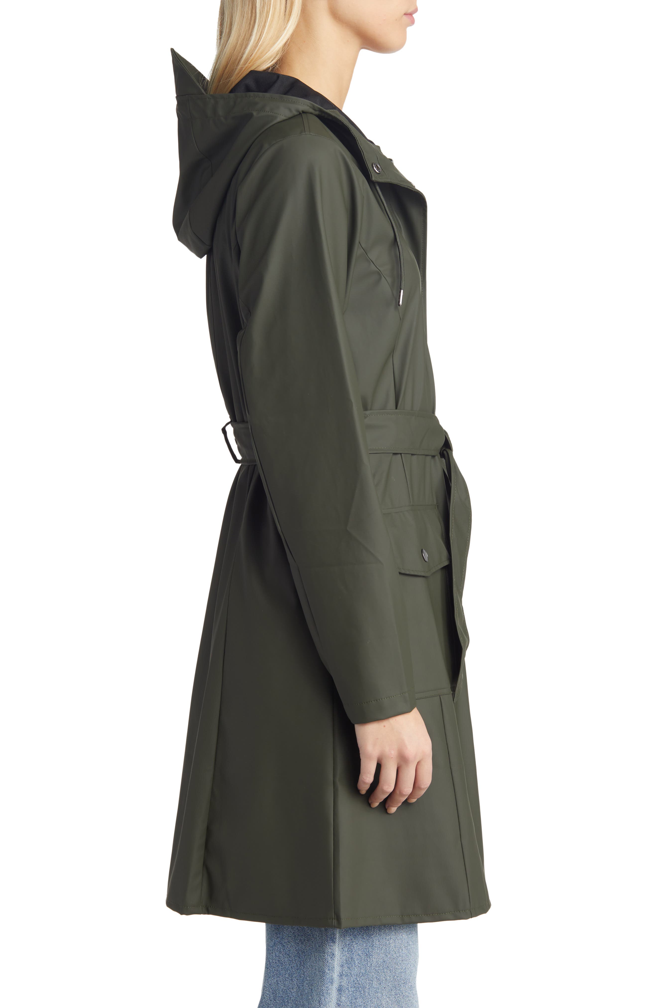 Rains Curve Belted Trench Coat with Drawstring Hood | Smart Closet