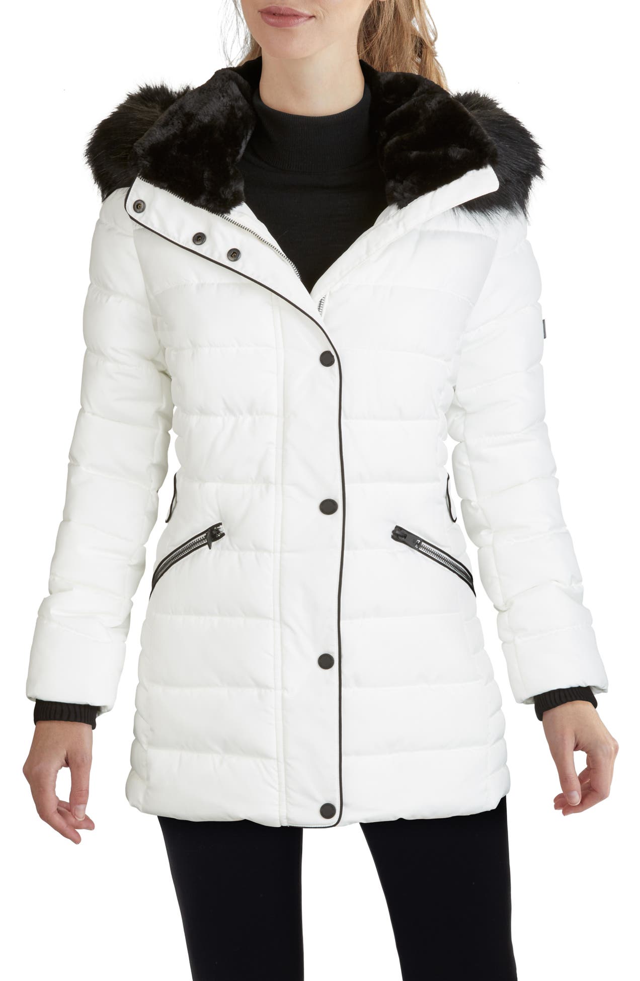 Kenneth Cole New York | Hooded Puffer Coat with Faux Fur Trim ...