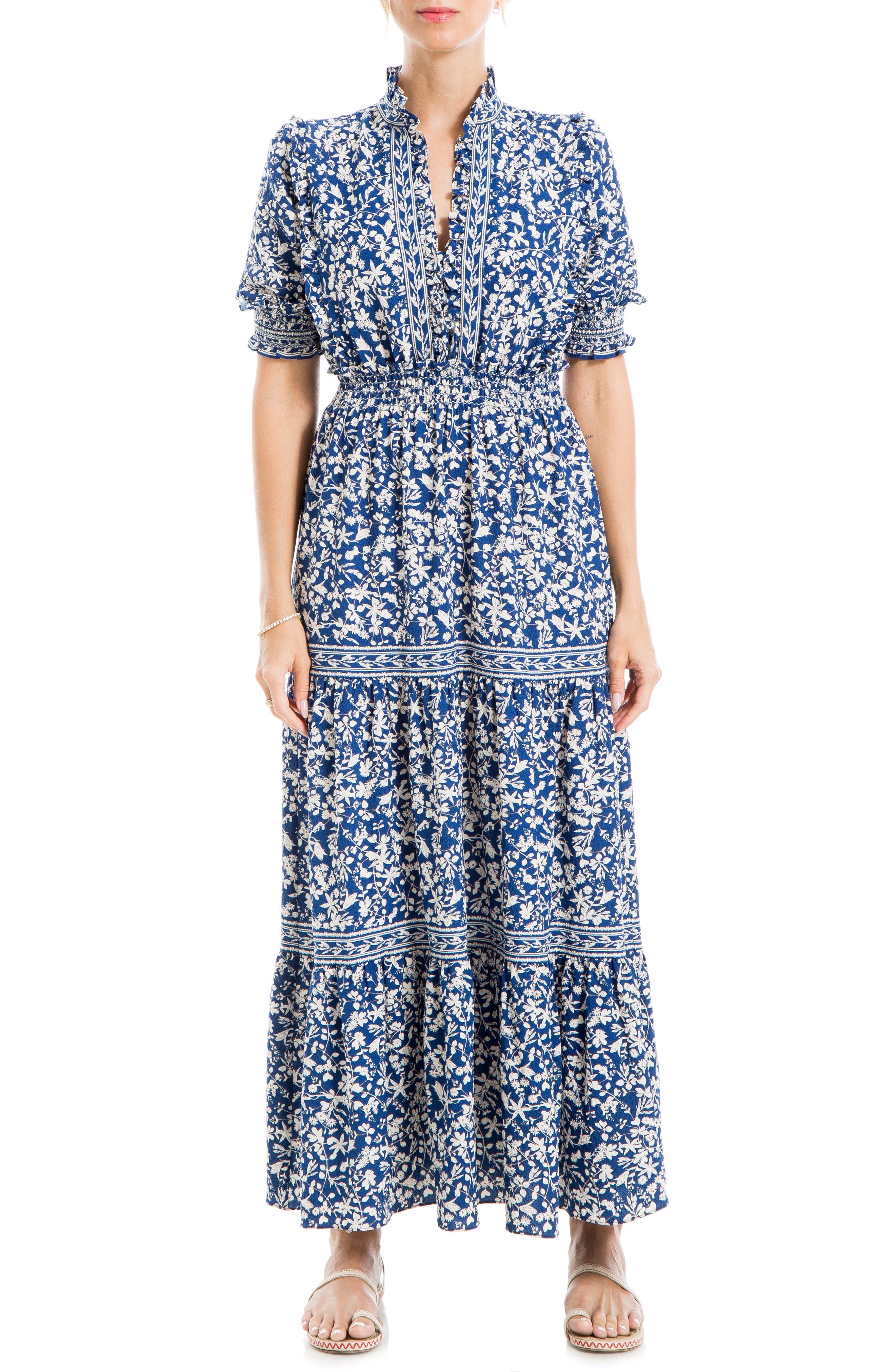 MAX STUDIO Floral Short Sleeve Tiered Maxi Dress | Nordstromrack