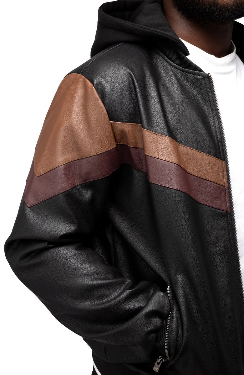 XRAY Chevron Stripe Faux Leather Hooded Moto Jacket with Faux Fur ...